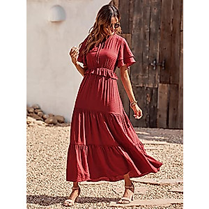 PRETTYGARDEN Womens Summer Boho Maxi Dress Short Sleeve V Neck Ruffle Trim High Waisted Tiered Party Flowy Long Dresses 2023 (Red, X-Large)