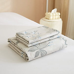 ENJOYBRIDAL Floral Botanical Duvet Cover Queen 100% Cotton Soft Bedding Set Queen Garden Style Grey Leaves and Blue Flowers 3 Pieces Vintage Aesthetic Lightweight Duvet Cover Set, No Comforter