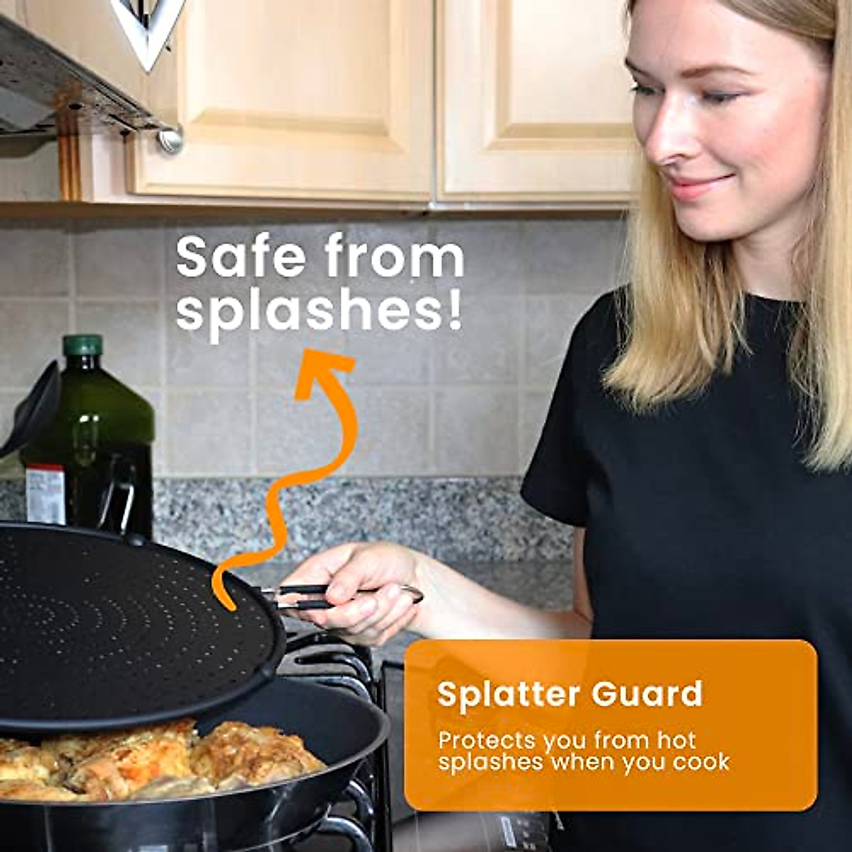 Beckon Ware 13 inch Oven Safe Silicone Splatter Screen for Frying Pan, Black