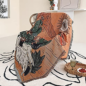 tiowik Cactus Desert Throw Woven Blanket with Tassel for Home Decoration Chair Couch Sofa Bed Beach Travel Picnic Cloth Tapestry Shawl Cozy Cotton (Orange 63×51 Inches)