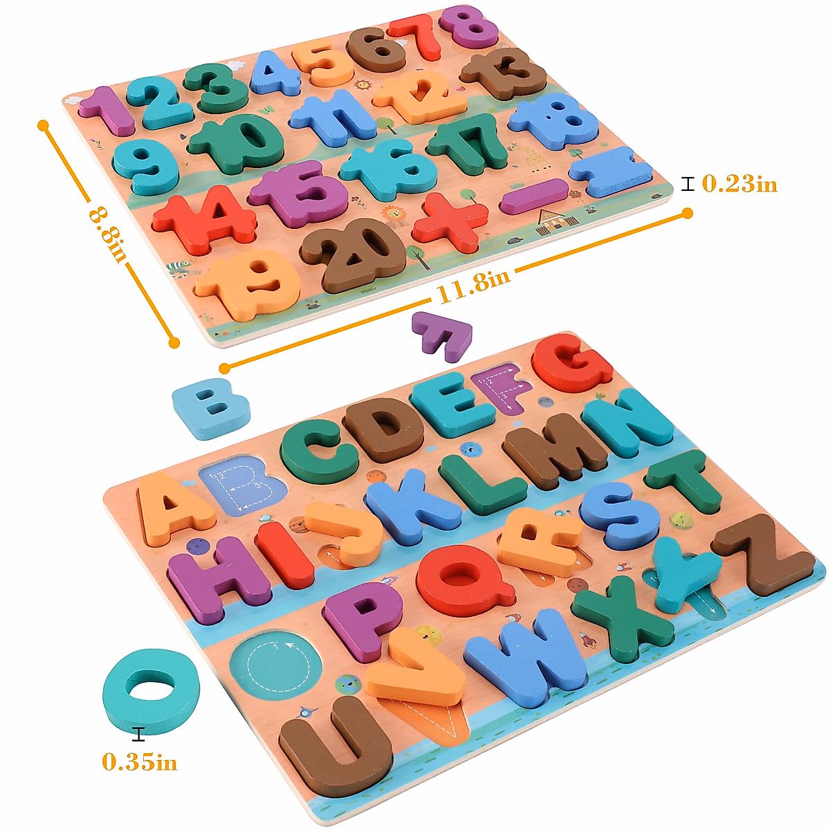 Wooden Alphabet and Number Puzzles (2 Pack), Toddler Puzzles Toys, Educational Learning Toy for Kids Boys and Girls and Preschoolers, Color Recognition, Motor Skills Matching Game