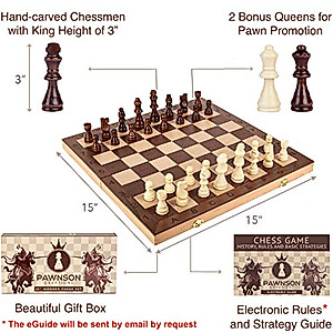 Wooden Chess Set for Kids and Adults - 15 Staunton Chess Set - Large Folding Chess Board Game Sets - Storage for Pieces | Wood Pawns - Unique E-Book for Beginner - 2 Extra Queens