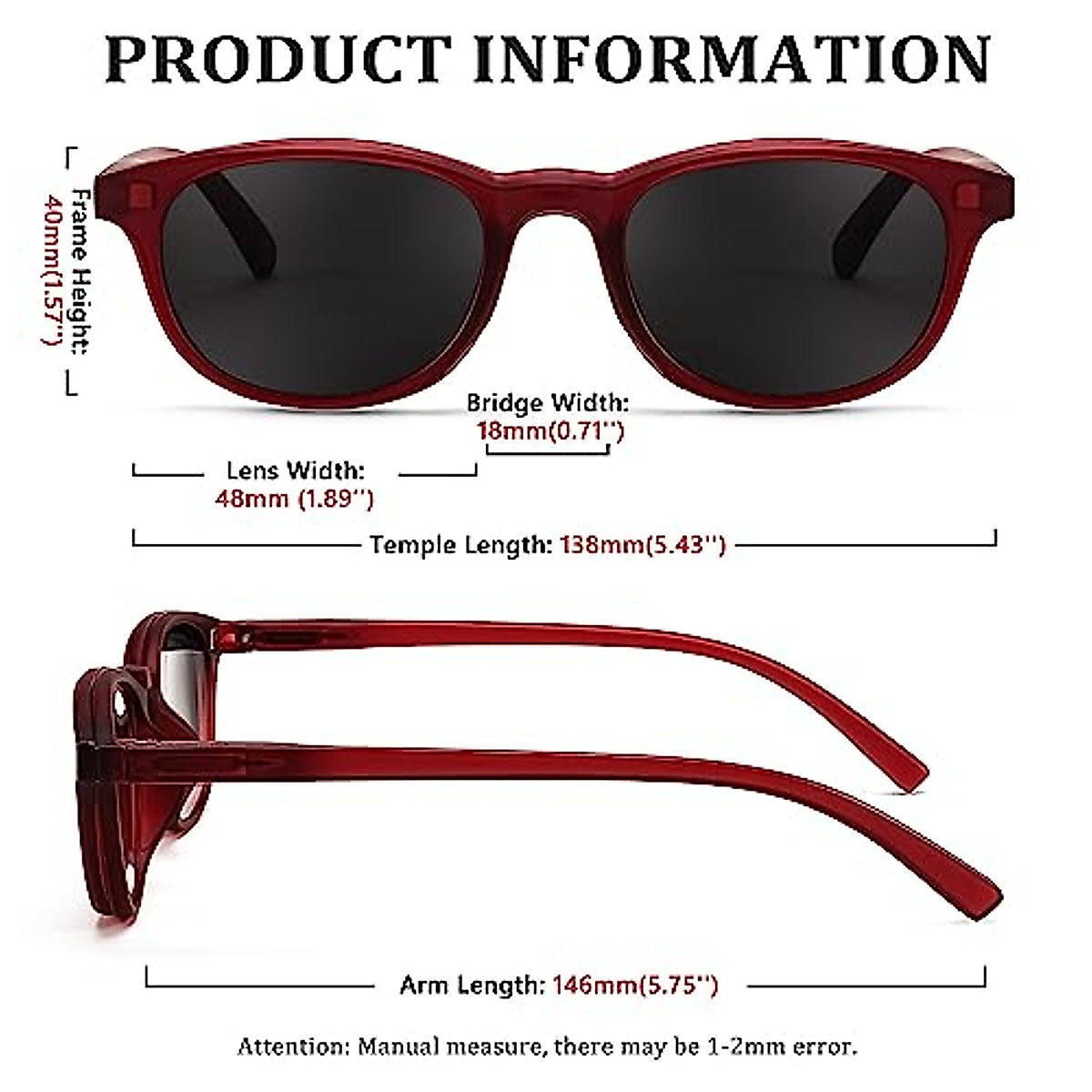 FEISEDY Fashion Reading Sunglasses Women Men Square Reader Sunglasses UV400 Protection Polarized Lens B2390（Red,1.50x）
