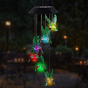 MorTime 2 PACK Solar Hummingbird Wind Chime, Color Changing Mobile LED Solar Wind Chime Outdoor Mobile Hanging Patio Light, Porch, Deck, Garden Decor