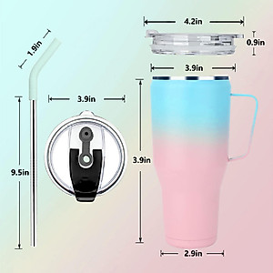Perched helper 40 oz Tumbler with Handle and Straw, 2-in-1 Lid (Straw/Flip) - Stainless Steel Travel Mug Insulated Vacuum Sealed Cup for Hot and Cold Beverages (Pink Blue)