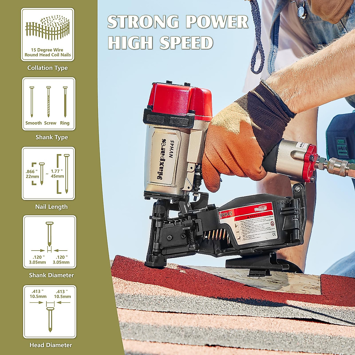 Maxparts NVH45 15 Degree Roofing Coil Nailer for Wooden House Roof Building 7/8-Inch to 1-3/4-Inch Round Head Coil Nails
