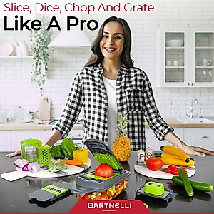 Bartnelli Vegetable Chopper Food Slicer Pro | 15 Pc MultiFuctional Kitchen Gadgets for Onion, Veggie, Cheese Grater, Vegetables Cutter With Large Container, Easy to Clean, With Bonus Brush and Fork