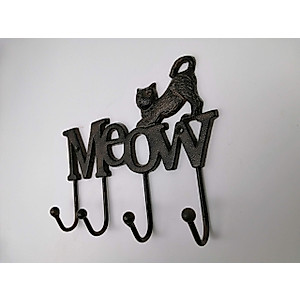 Comfy Hour Antique and Vintage Animal Collection 6" Cast Iron Cat Meow Four Key Hooks Key Chain Wall Hanger