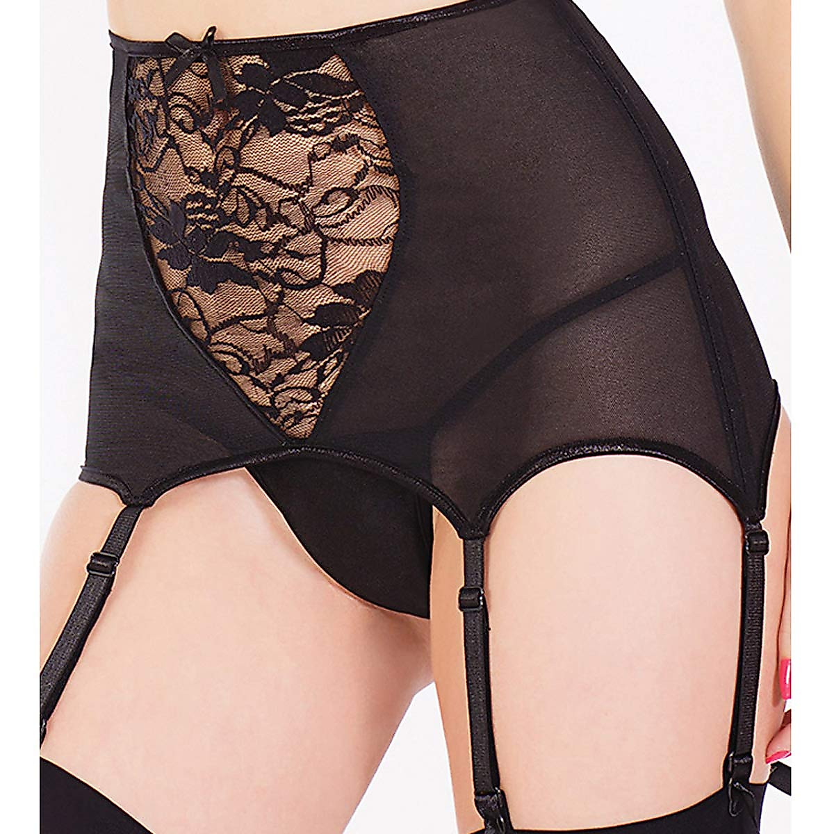 Women's High Waisted Lace Garter Belt w/G-String for Thigh High Stockings Black XL