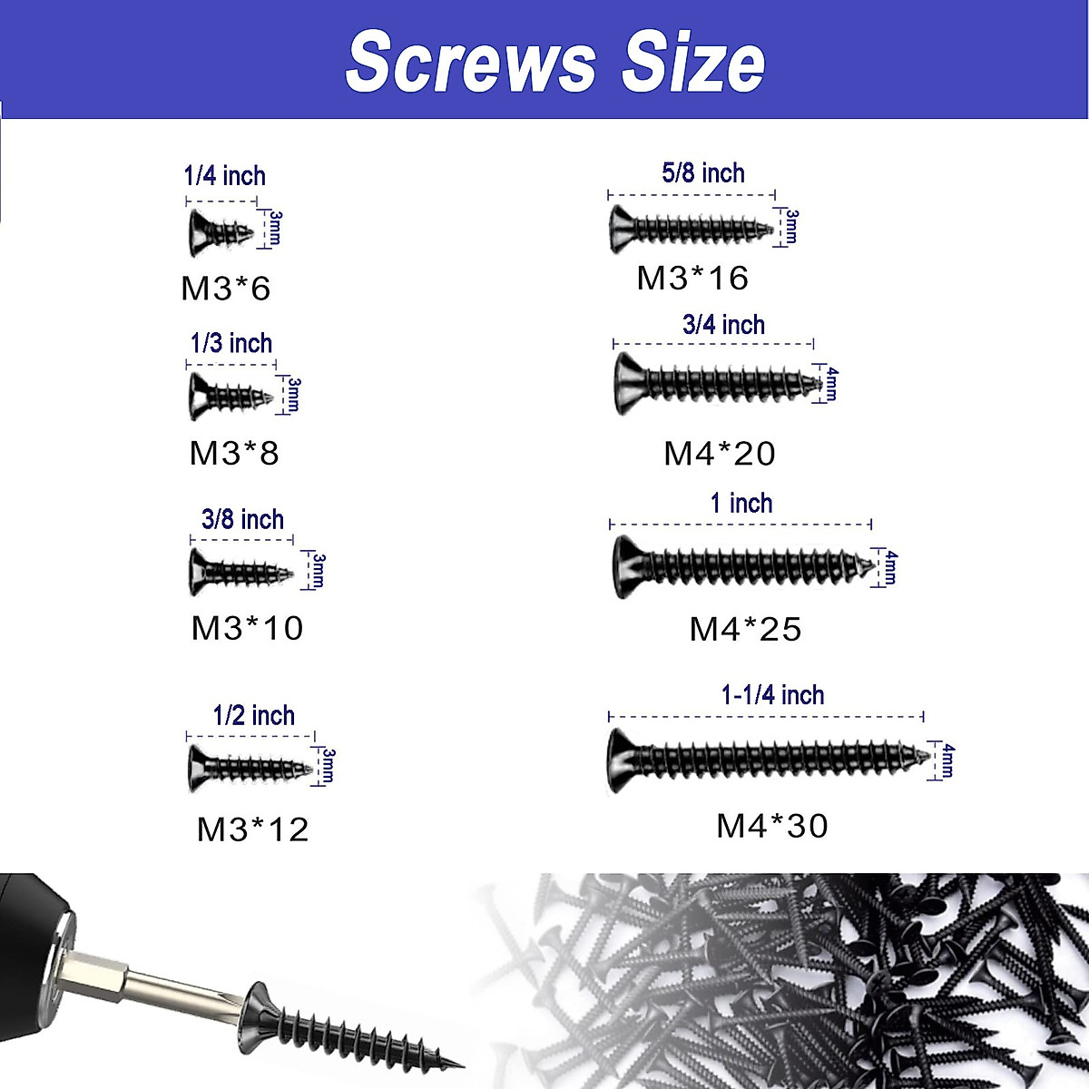 480pcs Wood Screws Assortment Kit, M3 M4 Small Screws Set, Phillips Drive Flat Head Self Tapping Screw, Cabinet Screws, Black Wood Screws, 8 Sizes Short Screws Fasteners with 30pcs Screws Anchorss