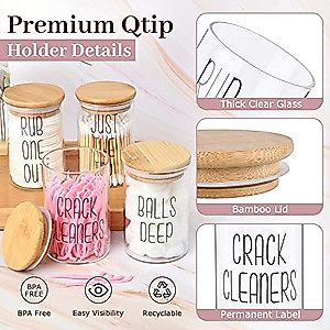 TUZAZO 4 Pack Glass Qtip Holder Apothecary Jars with Bamboo Lids, Clear Bathroom Organizer Storage Canisters Set Bathroom Jars for Cotton Balls, Floss, Cotton Rounds and Cotton Swab Holder