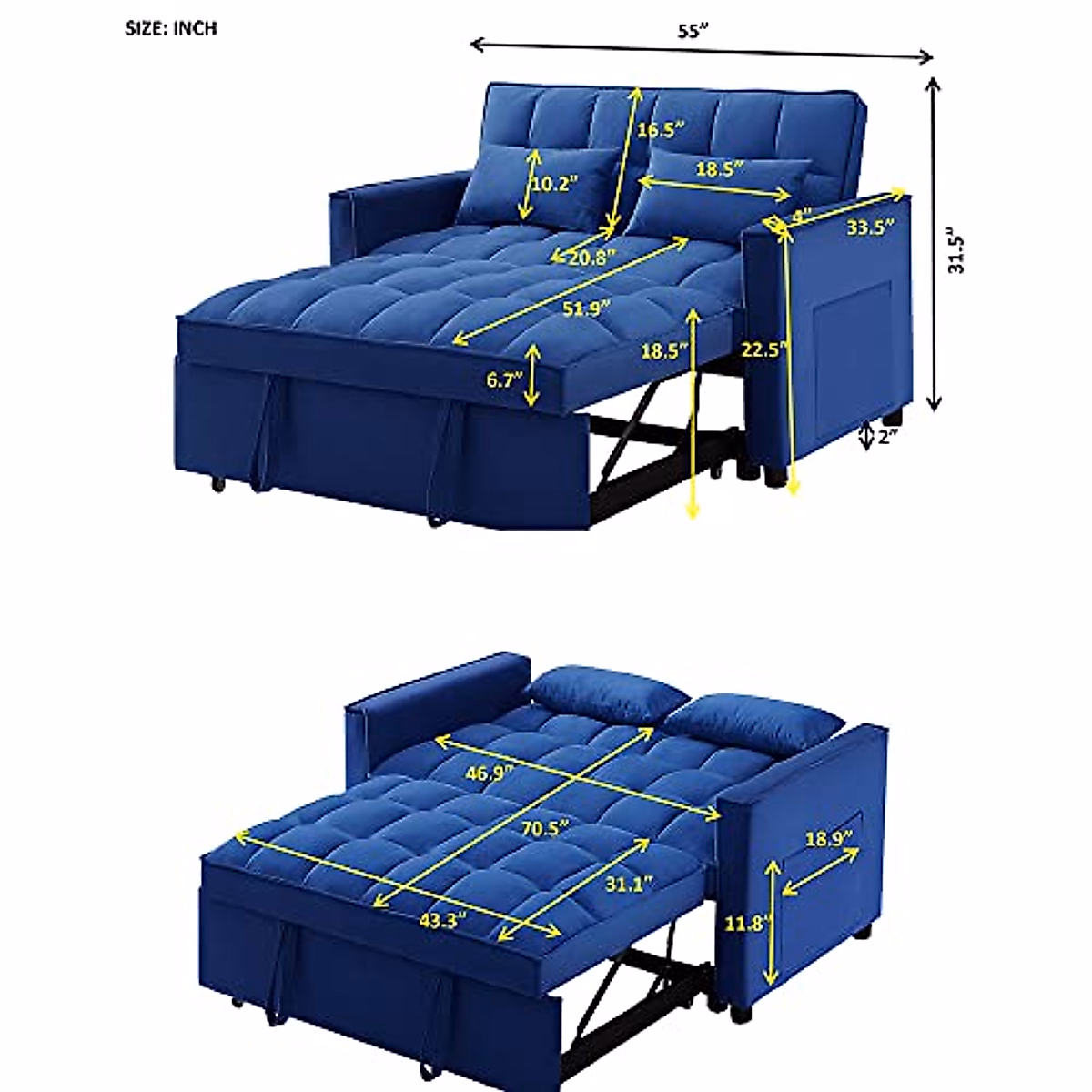 HABITRIO Modern 55.2" Pull Out Sleep Sofa Bed 2 Seater Loveseats Sofa Couch with Adjsutable Backrest and Lumbar Pillows for Apartment Office Living Room