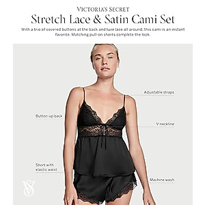 Victoria's Secret Stretch Lace & Satin Cami Set, Silk Lingerie, Sexy Nightwear, 2 Piece Loungewear Set, Women's Sleepwear, Black (XL)