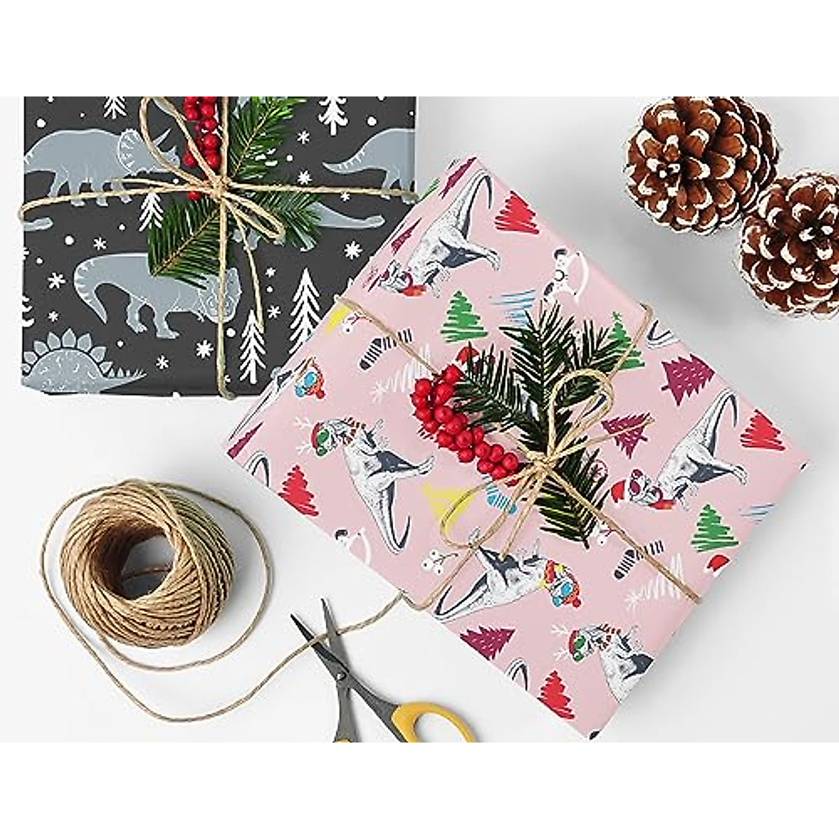 WAPLIGHAL Dinosaur Christmas Wrapping Paper for Boys Girls Kids - Funny Dinosaurs on White Pink Black Designs - Gift Wrap for Birthday, Baby Shower, Holiday - 8 Sheets, Each 20 x 29 Inches, Recycled, Easy to Store