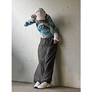 LQI Parachute Pants for Women Y2K Baggy Cargo Pants Drawstring Trousers Low Rise Loose Jogger Sweatpants Grey