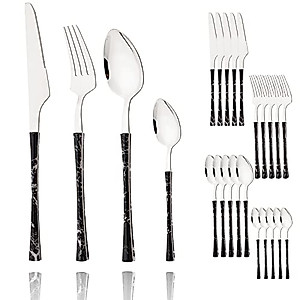 Snplowum 24 Piece (6 Set) Imitation marble Handle Cutlery, Stainless Steel Head Flatware Set For Home Wedding Dinner, Mirror & Modern Knife Fork Tea Spoon Utensils Set -- Black Silver
