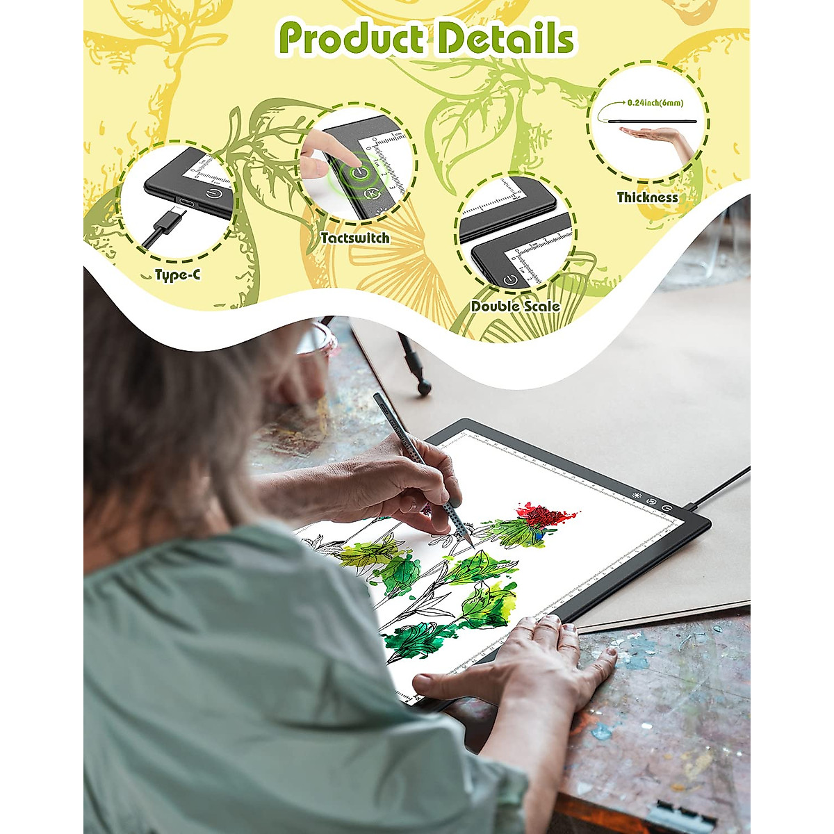 KACOLA A4 Light Pad for Diamond Painting, Light Board, Tracing Light Box by Magnetic for Weeding Vinyl, Ultra-Thin Copy Board with 3 Adjustable Brightness for Drawing, Sketching, Animation