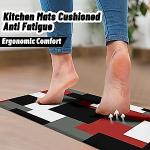 chiinvent Red Black Kitchen Rugs Mats Set of 2 Cushioned Anti Fatigue Kitchen Floor Mat White and Grey Geometric PVC Non-Slip Waterproof Comfort Standing Mats for Kitchen Office, 17"x 47"+17"x 28"