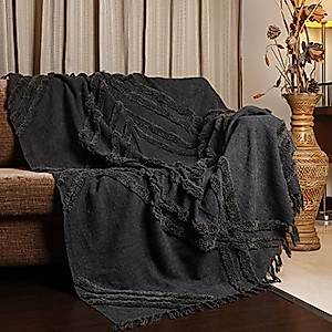 HOMEMONDE Rustic Farmhouse Throw Blankets Charcoal Gray for Couch Hand Woven Tufted Soft & Cozy Blanket - 70x50 Inches