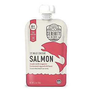 Serenity Kids 6+ Months Baby Food Pouches Puree Made With Ethically Sourced Meats & Organic Veggies | 3.5 Ounce BPA-Free Pouch | Wild Caught Salmon, Butternut Squash, Beet | 6 Count