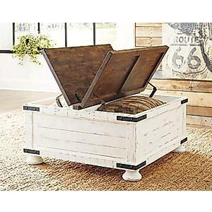 Signature Design by Ashley Wystfield Farmhouse Square Storage Coffee Table with Hinged Lift Top, Distressed White