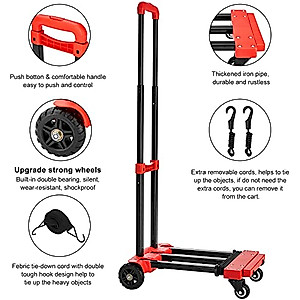 KEDSUM Folding Hand Truck, 290 lbs, 4 Wheels Solid Construction Heavy Duty Utility Cart, Portable Fold Up Dolly, Compact and Lightweight for Luggage, Personal, Travel, Moving and Office Use(Red)