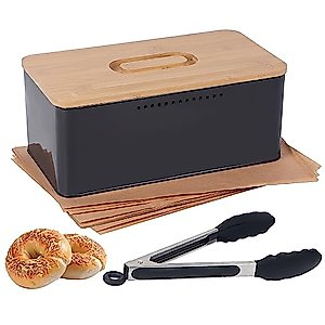 Bread Box for Kitchen Countertop, Metal Bread Box with Bamboo Cutting Lid, 50pcs Parchment Paper and Bread Tongs, for Homemade Bread Storage, Kitchen, Pantry, Freezer(Black)