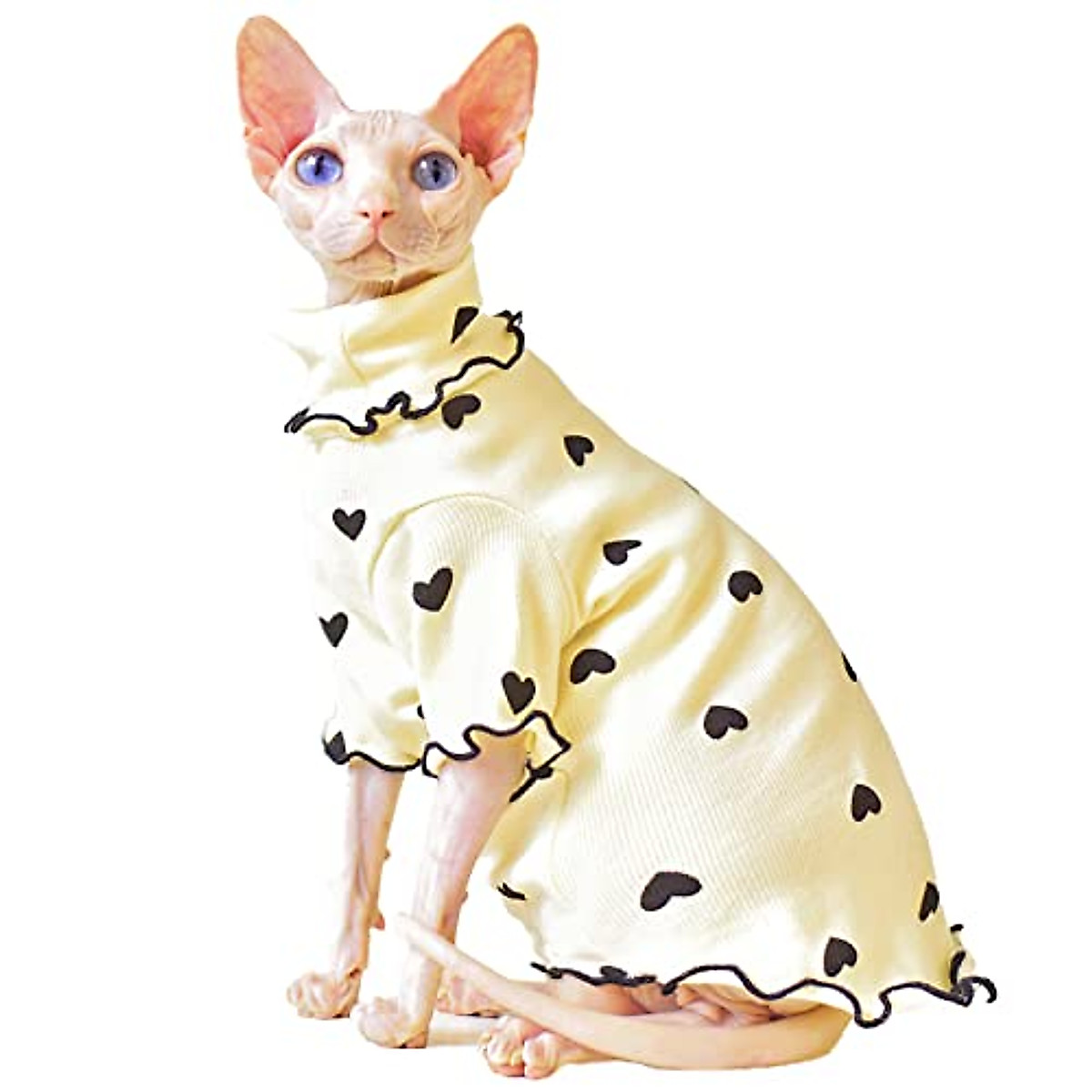Bonaweite Sphynx Hairless Cats Clothes, Cotton Cute Heart Pattern Sweater T-Shirts with High Collar, Soft Breathable Puff Sleeves Kitten Cat Wear Shirt Apparel for Cornish Rex, Devon Rex, Peterbald