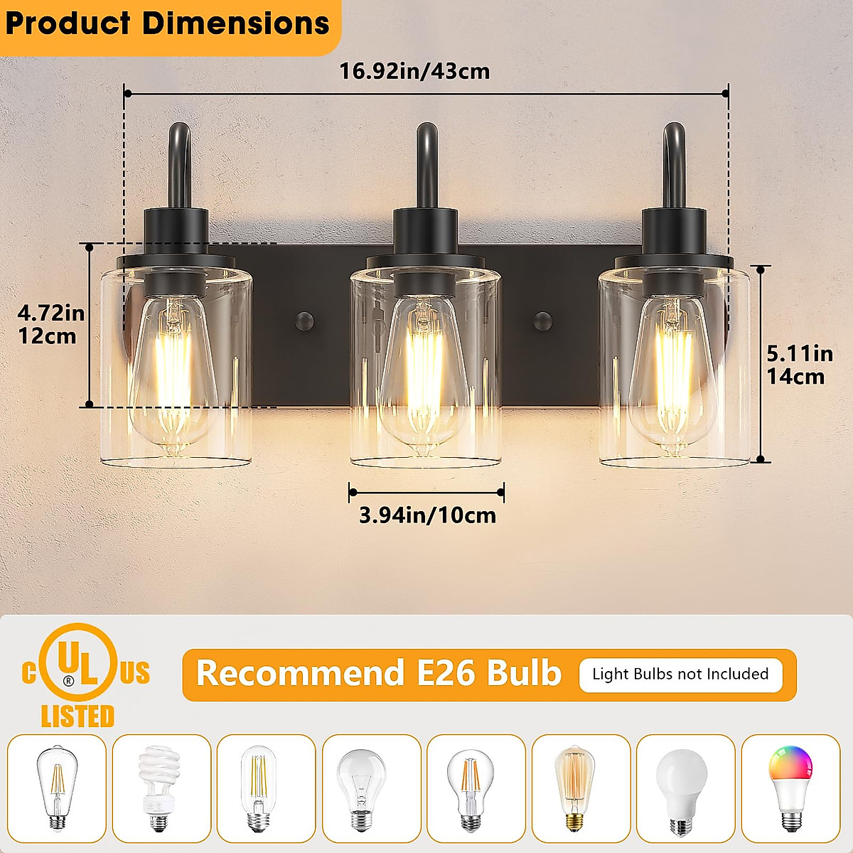 Baocuz 3-Light Bathroom Light Fixtures, Black Vanity Light Farmhouse Wall Sconces with Clear Glass Shade, Modern Bathroom Wall Lamp for Mirror Bedroom Hallway Living Room Cabinet