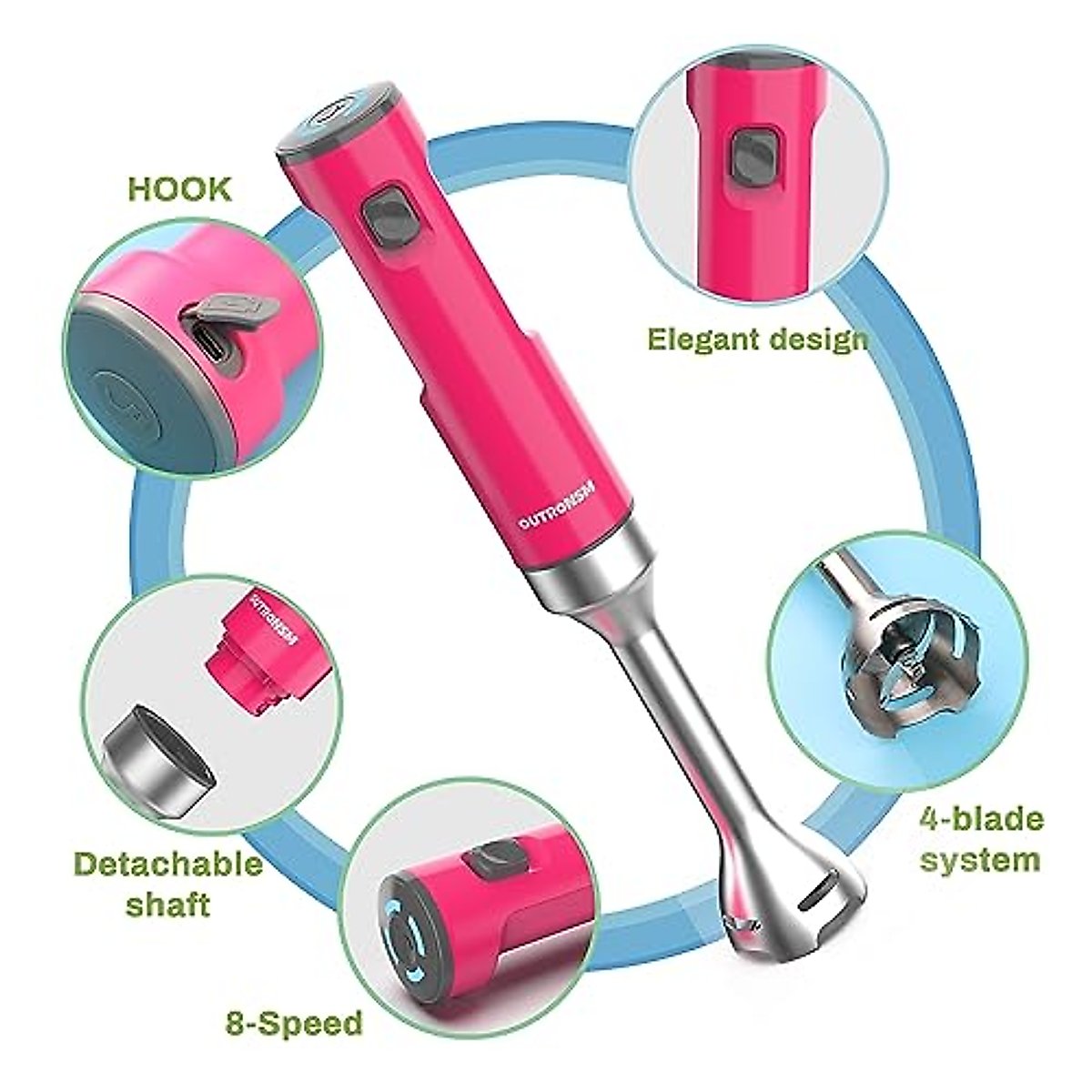 OUTRONSM Cordless Hand Blender, CordIess Immersion Blender Rechargeable, with Charging Cable, 500ml Chopper, 600ml Container, Egg Whisk, for Smoothies, Milkshakes, Infant Food and Soups – Red