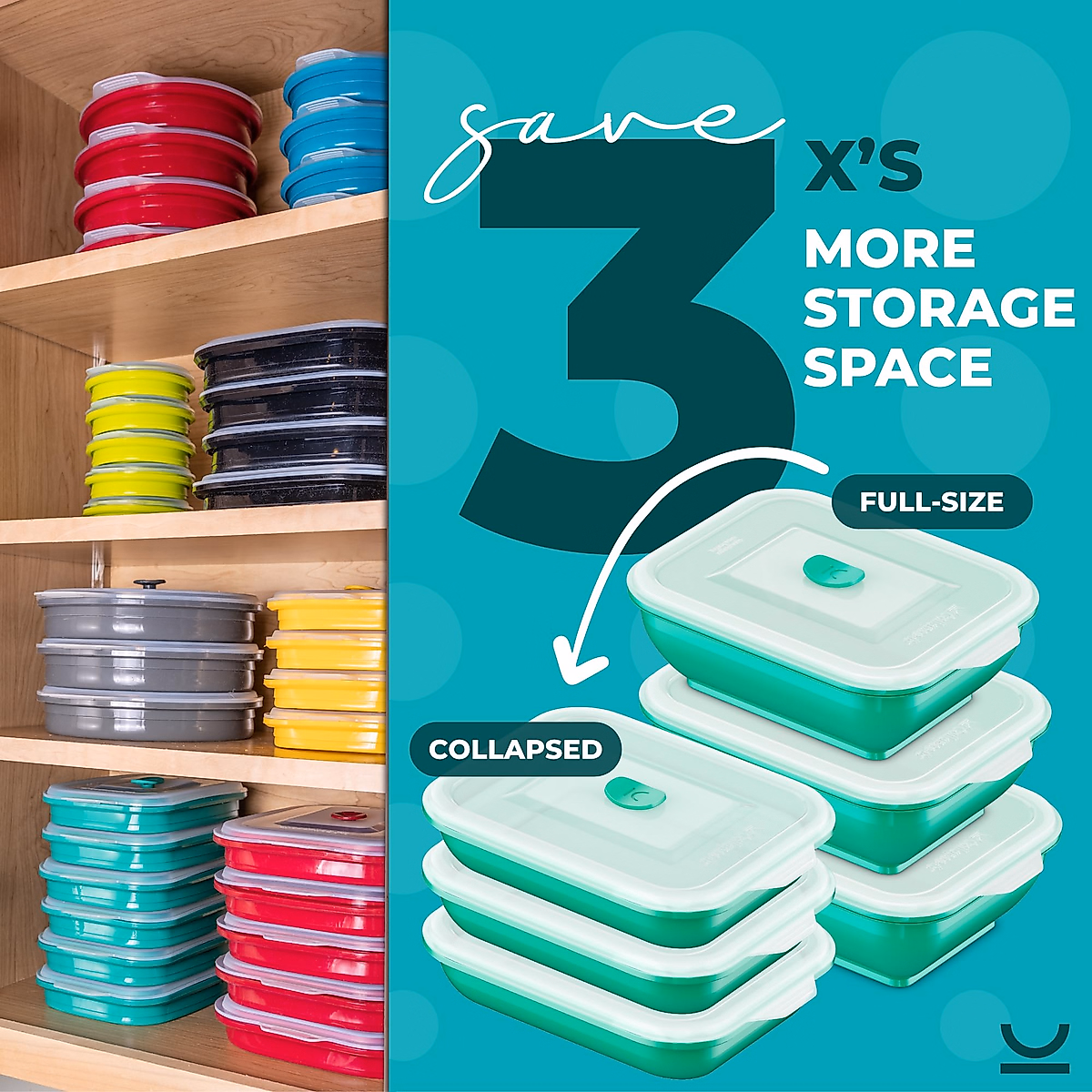 Collapse-it Silicone Food Storage Containers - BPA Free Airtight Silicone Lids Collapsible Lunch Box Containers - Oven, Microwave, & Freezer Safe (Teal (6) 3.5-Cup Set)