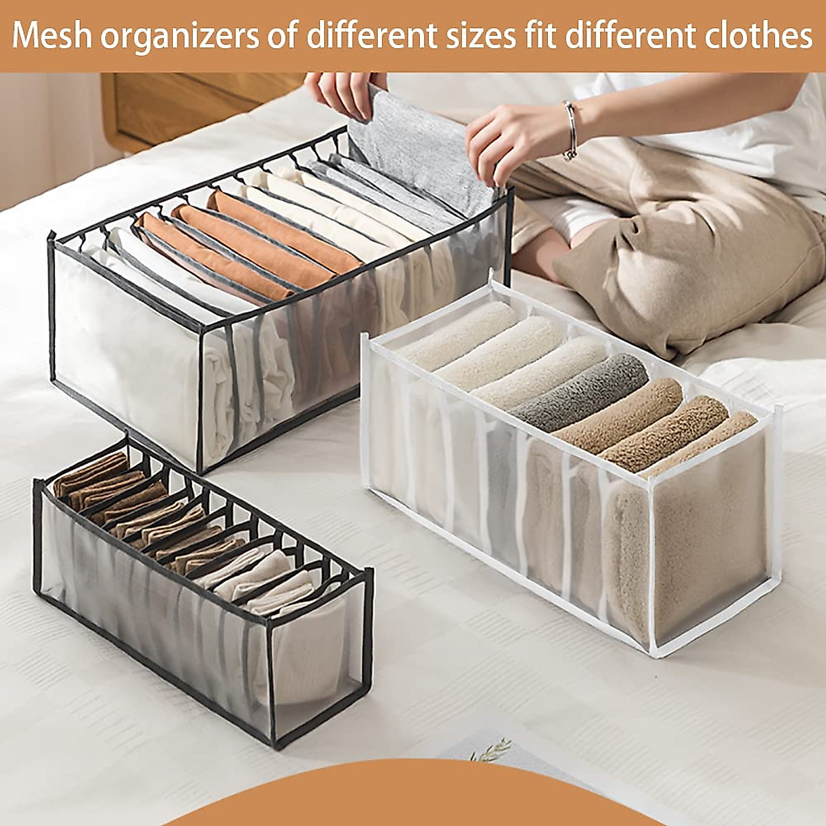 2pcs Washable Wardrobe Clothes Organizer for Folded Clothes.Jeans Compartment Storage Box for Closet Drawer, Foldable Closet Drawer Organize for Bedroom,Dorm Room(7 Grids) (Jeans with 7 Grids-Large)