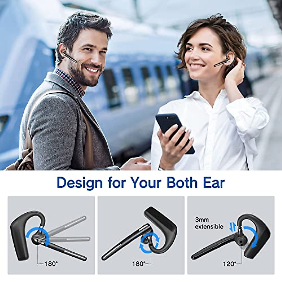 Ngsod Bluetooth Headset - Wireless Headset with Microphone 90 Days Standby/110 Hours Talktime, Bluetooth Earpiece for Cell Phone/PC Tablet/Laptop Computer, Headphones for Trucker/Driver/Business