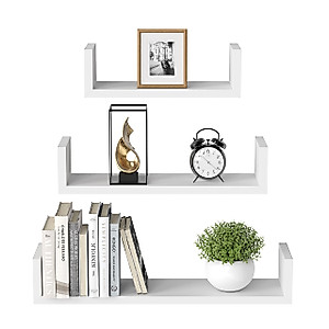 AMADA HOMEFURNISHING Floating Shelves Wall Mounted, Wall Shelf for Bedroom/Bathroom/Living Room/Kitchen, White Shelves 3 Sizes, U-Shaped - AMFS13-W