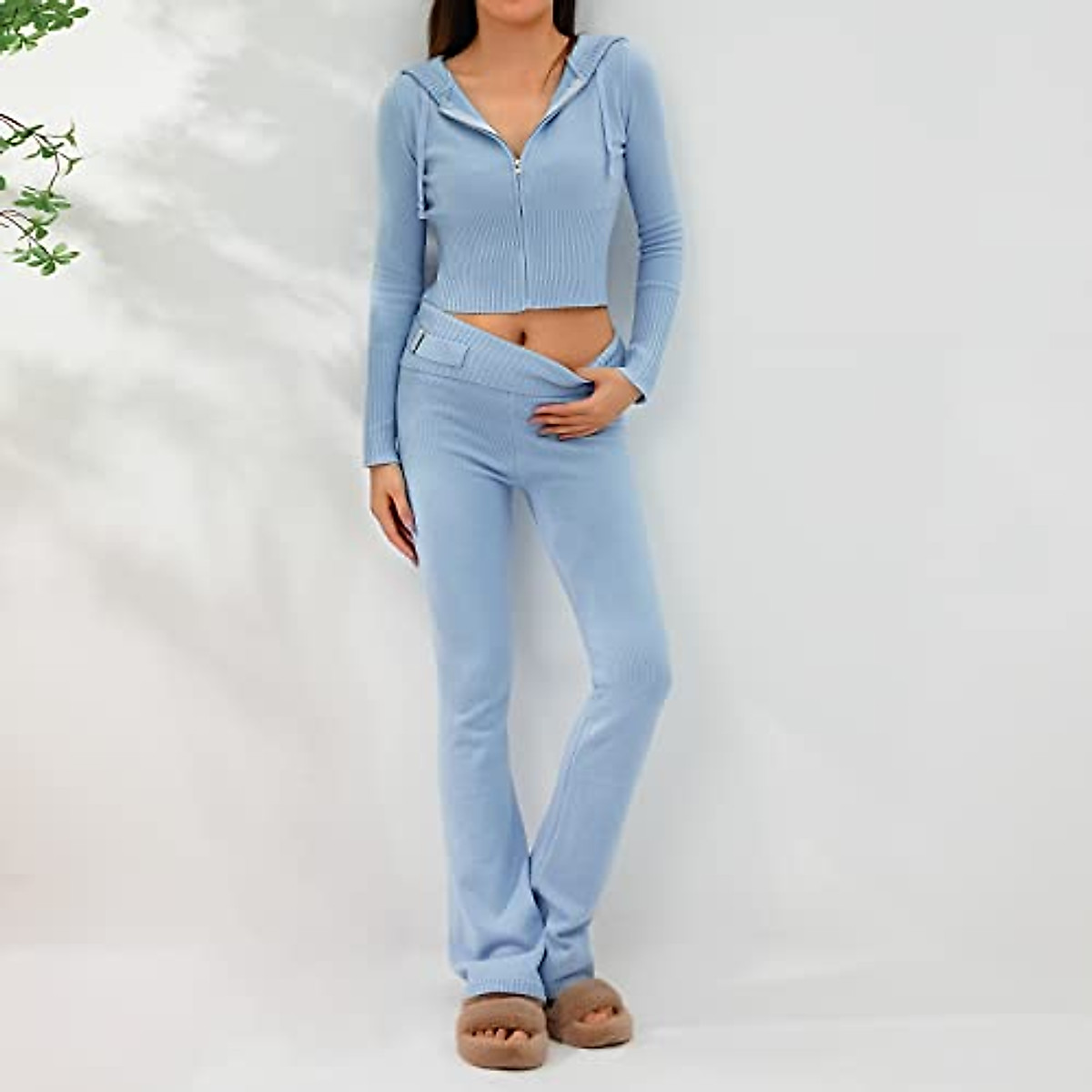 Women Ribbed Knit 2 Piece Outfits Long Sleeve Zipper-Up Slim Fit Hooded Crop Tops High Waist Long Pants Loungewear A Blue