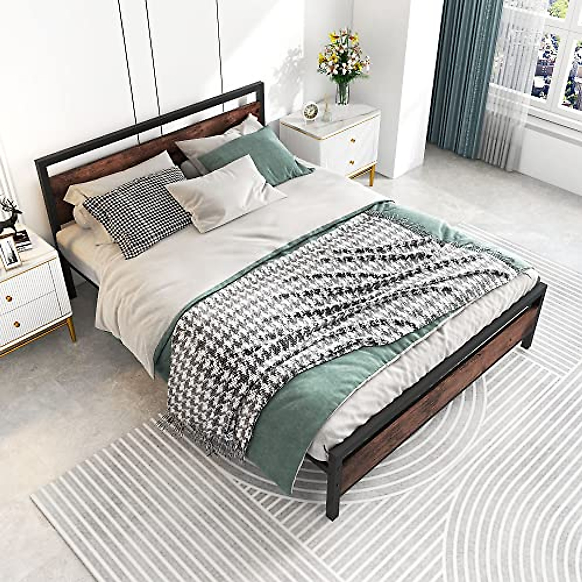 JURMERRY Queen Size Metal Platform Bed Frame with Wooden Headboard and Footboard Heavy Duty Steel Support, Mattress Foundation, No Box Spring Needed, Easy Assembly, Black RB