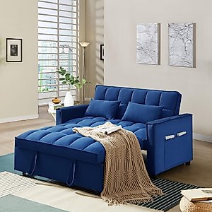 3 in 1 Convertible Sleeper Sofa Couch with Pull Out Bed,55" Velvet Upholstered Futon Sofa Bed,Modern Loveseat Sleeper Chaise with Adjustable Backrest for Living Room, Guest Room, Apartment(Blue)