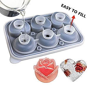 Rose Ice Cube Mold, Heart Shape Ice Cube Tray, Fun Silicone Ice Mold with Clear Funnel-type Lid, 3 Heart & 3 Rose Shape Ice Balls for Chilling Whiskey Cocktails Drinks, Pink