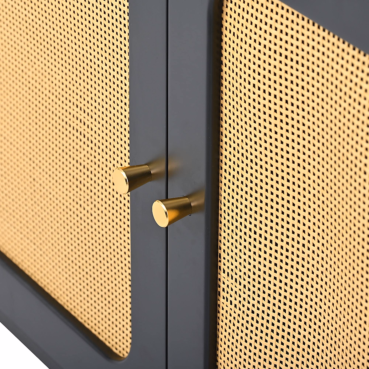 Bellemave Boho style TV Stand with Rattan Door, Woven Media Console Table for TVs Up to 70”, Country Style Design Side Board with Gold Metal Base for Living Room（Black）