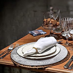 Elsjoy Set of 12 Plastic Silver Charger Plates, 13 Inch Decorative Plate Charger for Dinner Plates, Embossed Vintage Disposable Serving Plate for Home, Party, Wedding, Events