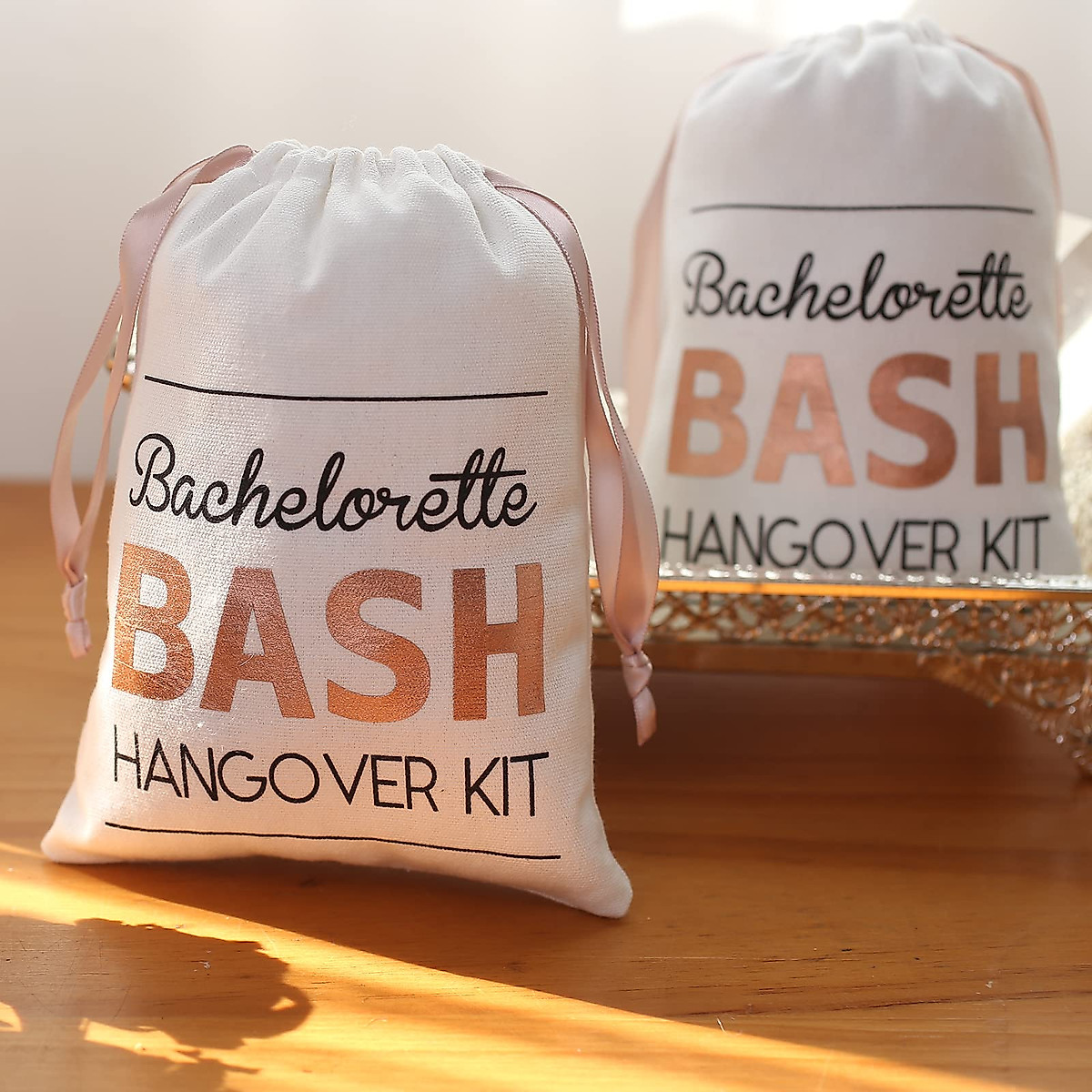Cytdkve Rose Gold Foiled Bachelorette Hangover Kit Drawstring Bags, Wedding Party Favor Bags for Bridesmaid Gifts (10 Pieces, White, 5 x 7 Inch)