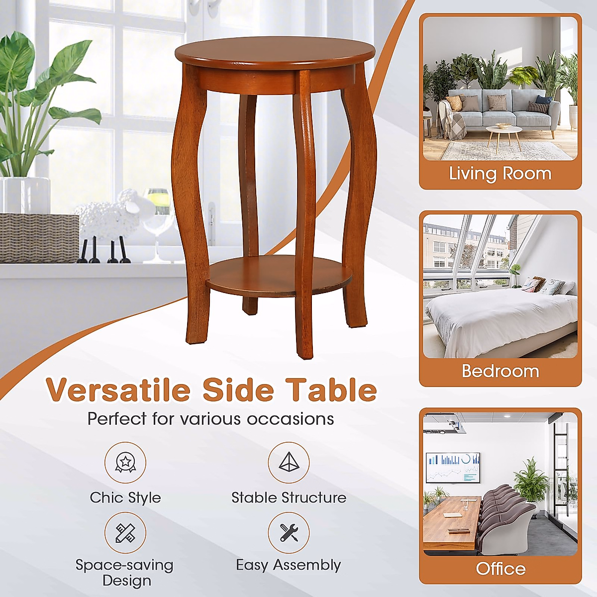 GOFLAME 2-Tier Round End Table Set of 2, Modern Sofa Side Table with Storage Shelf, Solid Wood Legs, Compact Accent Table, Nightstand for Living Room, Bedroom, Small Space, Walnut