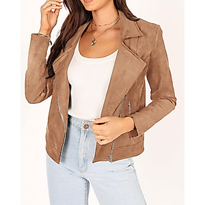 KIRUNDO Women's Trendy Stand Collar Faux Suede Jackets 2024 Fashion Solid Slim Moto Zipper Jacket Coats(Camel, Small)