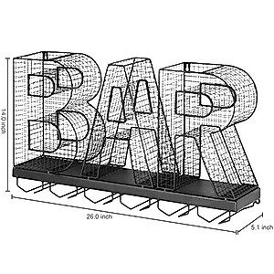 MyGift Black Metal Stemmed Wine Glass Holder and Wine Cork Storage Rack, BAR Word Design Wall Decor