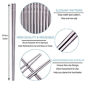 Kitiok 5-Pairs Metal Reusable Square Chopsticks Non Slip for Adults Sushi Ramen, 18 10 Stainless Steel Chopsticks Set Dishwasher Safe, Silver