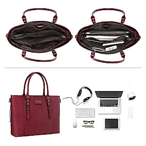 MOSISO PU Leather Laptop Tote Bag for Women (17-17.3 inch), Wine Red