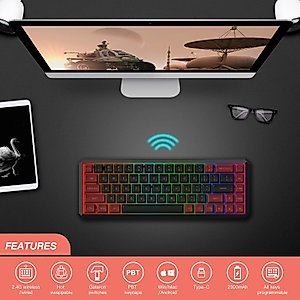 Darmoshark 2.4GHz Wireless/Wired Mechanical Keyboard — 65% (68 Key) Gaming Keyboard, Hot-Swap Switches, Programmable Macros, RGB LED Backlit, Type-C, PBT Spherical Keycap(Gateron Brown, Cherry Red)