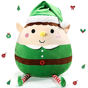 Huwena 14 Inch Christmas Plush Pillow Decorations Soft Cuddly Xmas Throw Pillow Large Hugging Stuffed Cushion for Christmas Holiday Party Favor Gift New Year Home Bedroom Sofa Decors(Green Elf)