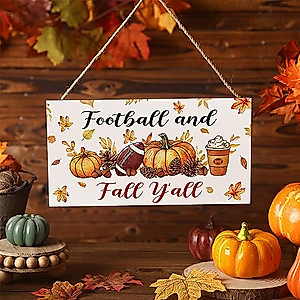 Geetery Football and Fall Y'all Wood Sign Hanging Farmhouse Wall Decor Fall Football Wall Decor Rustic Wooden Autumn Porch Sign for Front Door Home Living Room Garden Harvest Thanksgiving (Lovely)