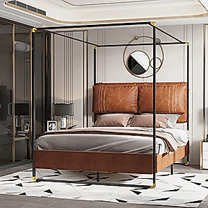 SAMTRA Queen Size Platform Bed Frame Upholstered Faux Leather Bed with Wooden Slat Support, No Box Spring Needed, Sturdy and Noise-Free, Brown